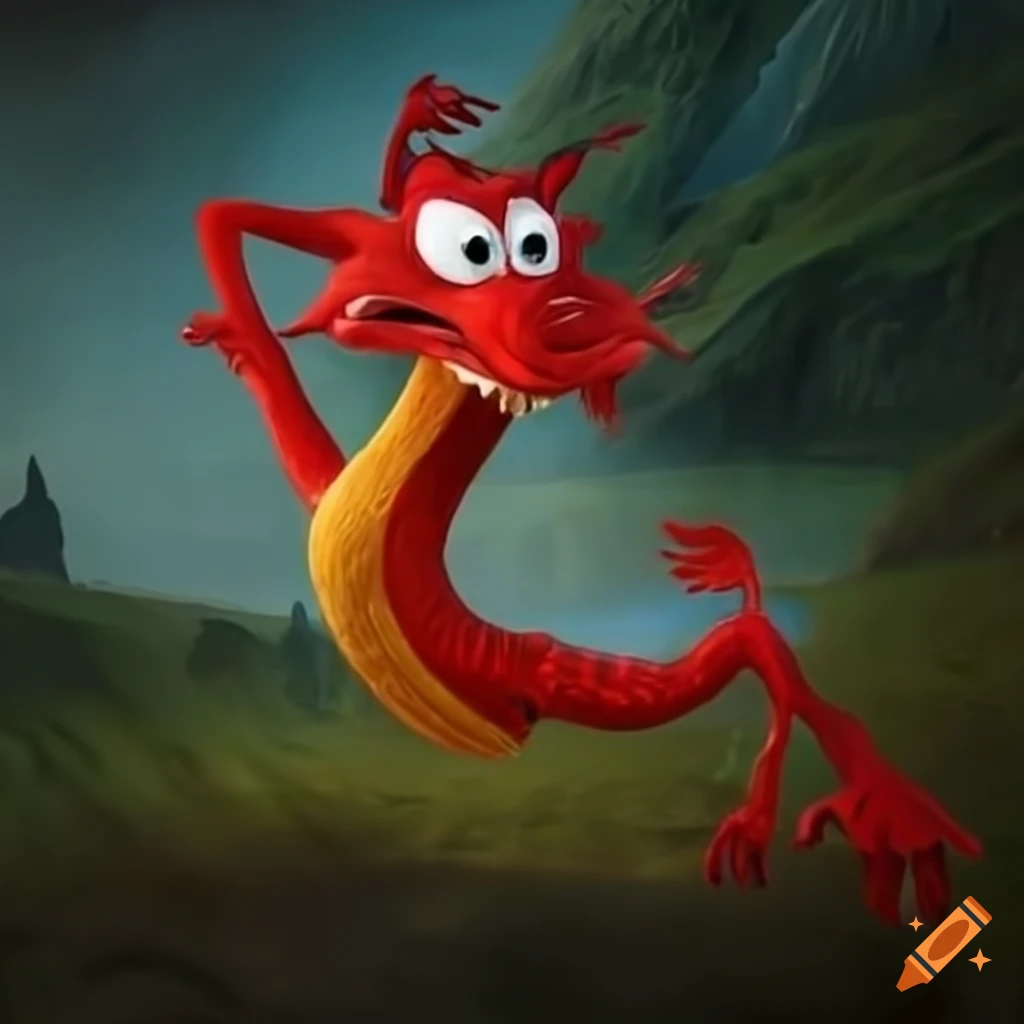 Mushu running in an irish landscape on Craiyon