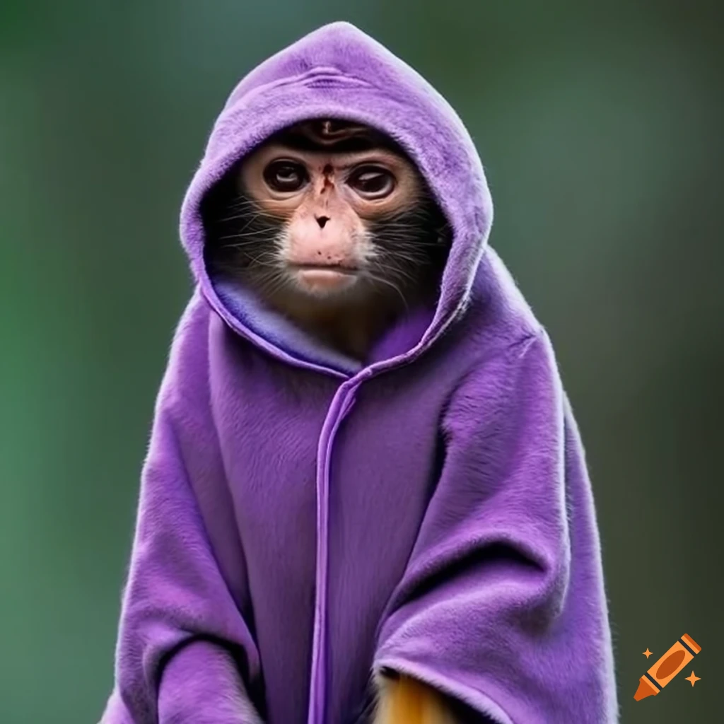 A spider monkey sitting wearing an oversized purple hoodie with the ...