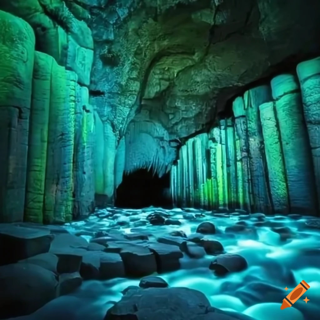 Hidden cave under the Giants Causeway in Ireland. Mystical place lit by ...