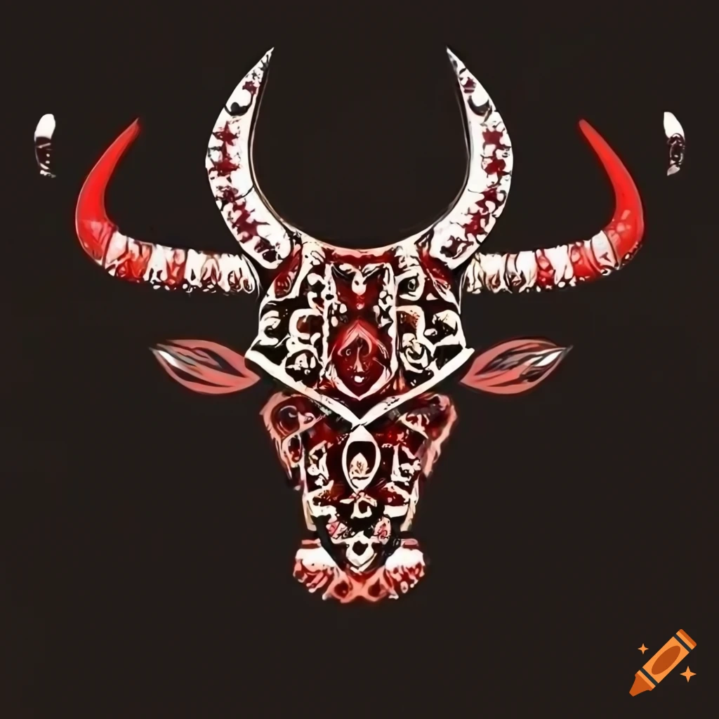 Traditional ox symbol with intricate tribal patterns with black background