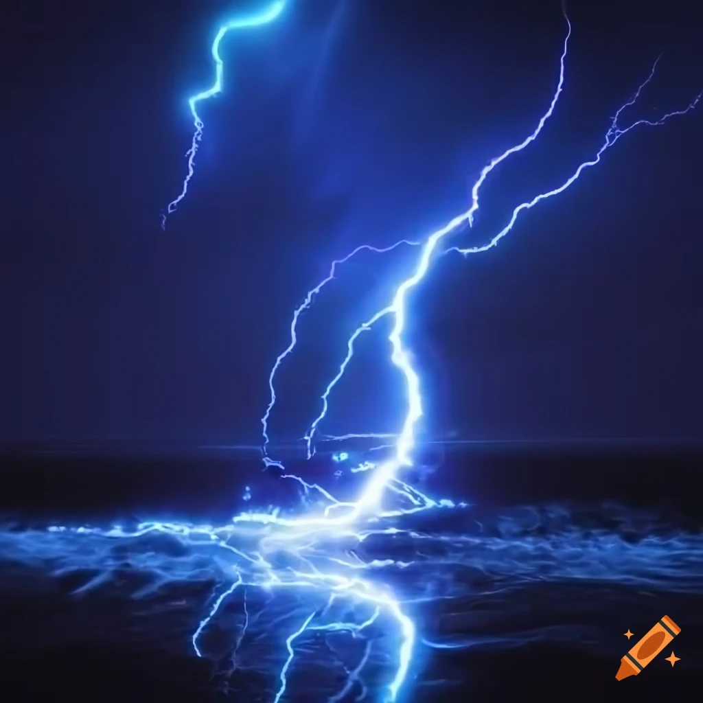 Neon blue lightning, nightime reflection on water, ultraviolet sparks, green lasers ...