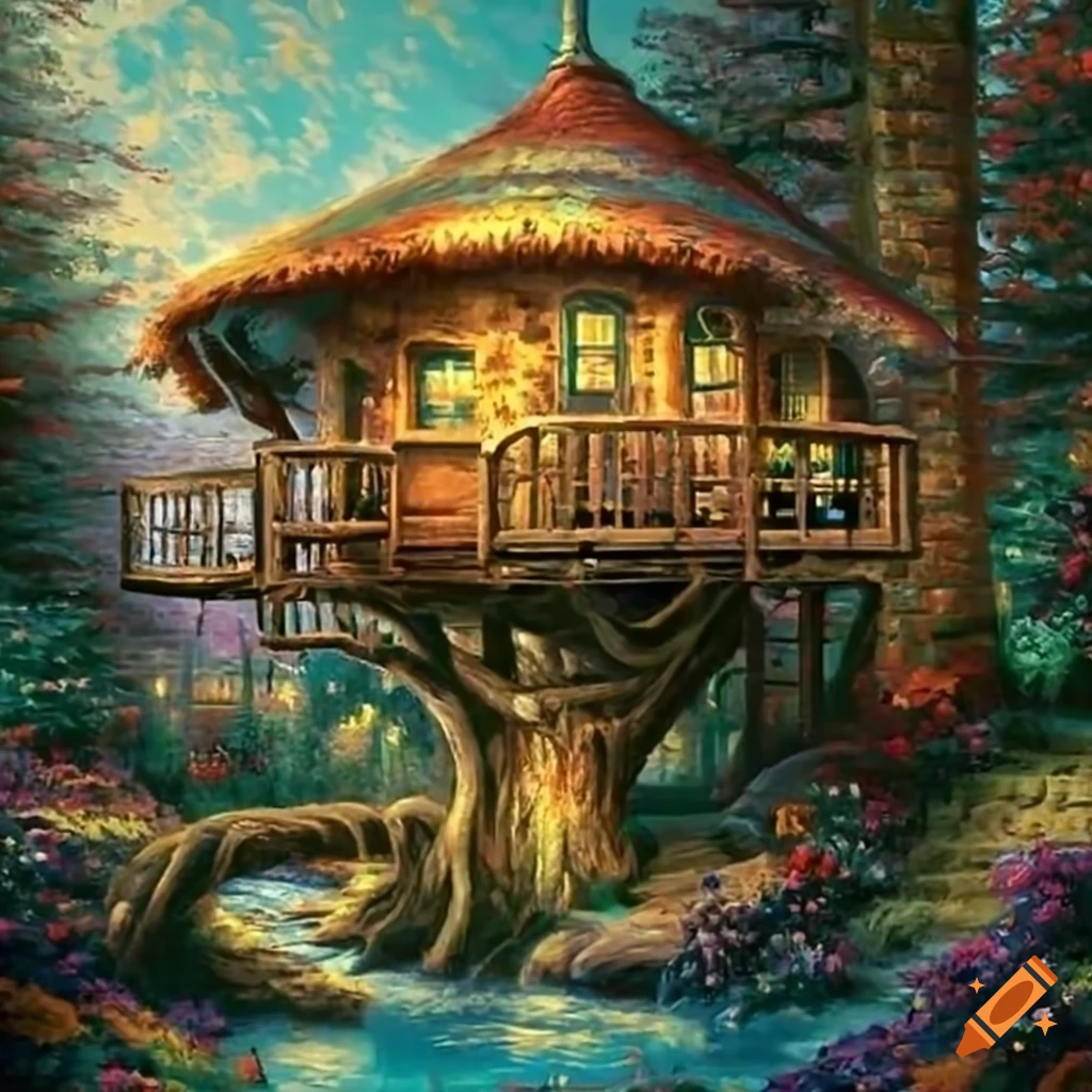 Rustic tree house in the style of thomas kinkade