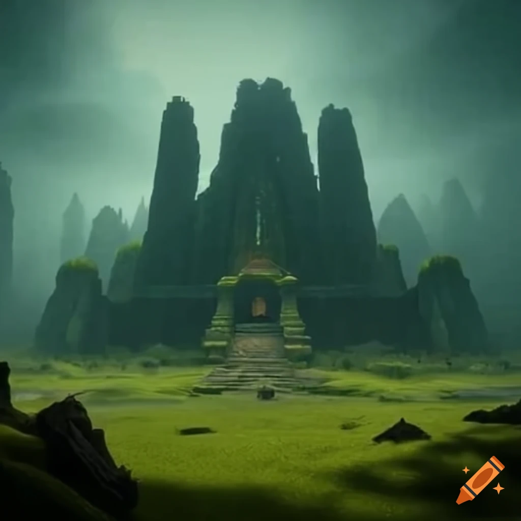 Gigantic fantasy stone temple palace built on a mossy marsh valley ...