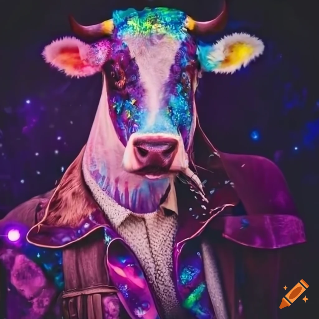 A cosmic cow portrait styled with pop colors and surreal details on Craiyon
