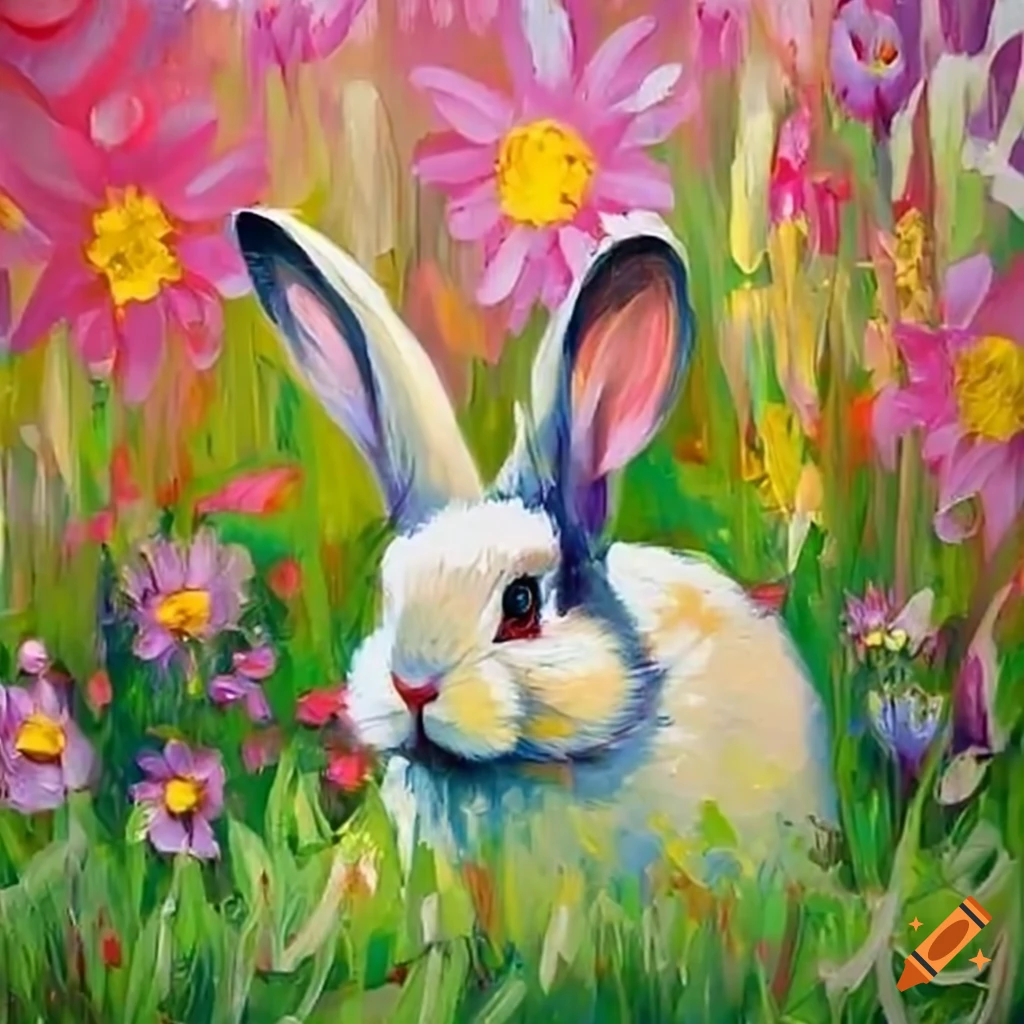 A bunny in the grass with multiple and colourful flowers