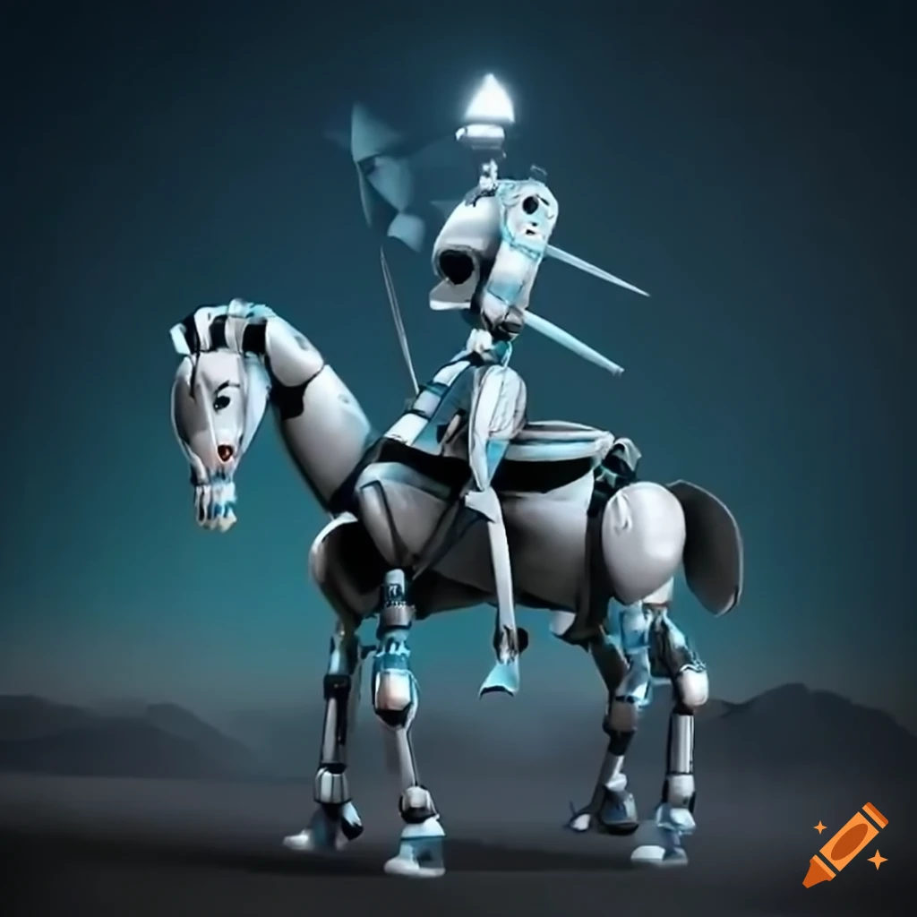 Ai robot don quixote riding a horse and fighting the windmills on Craiyon