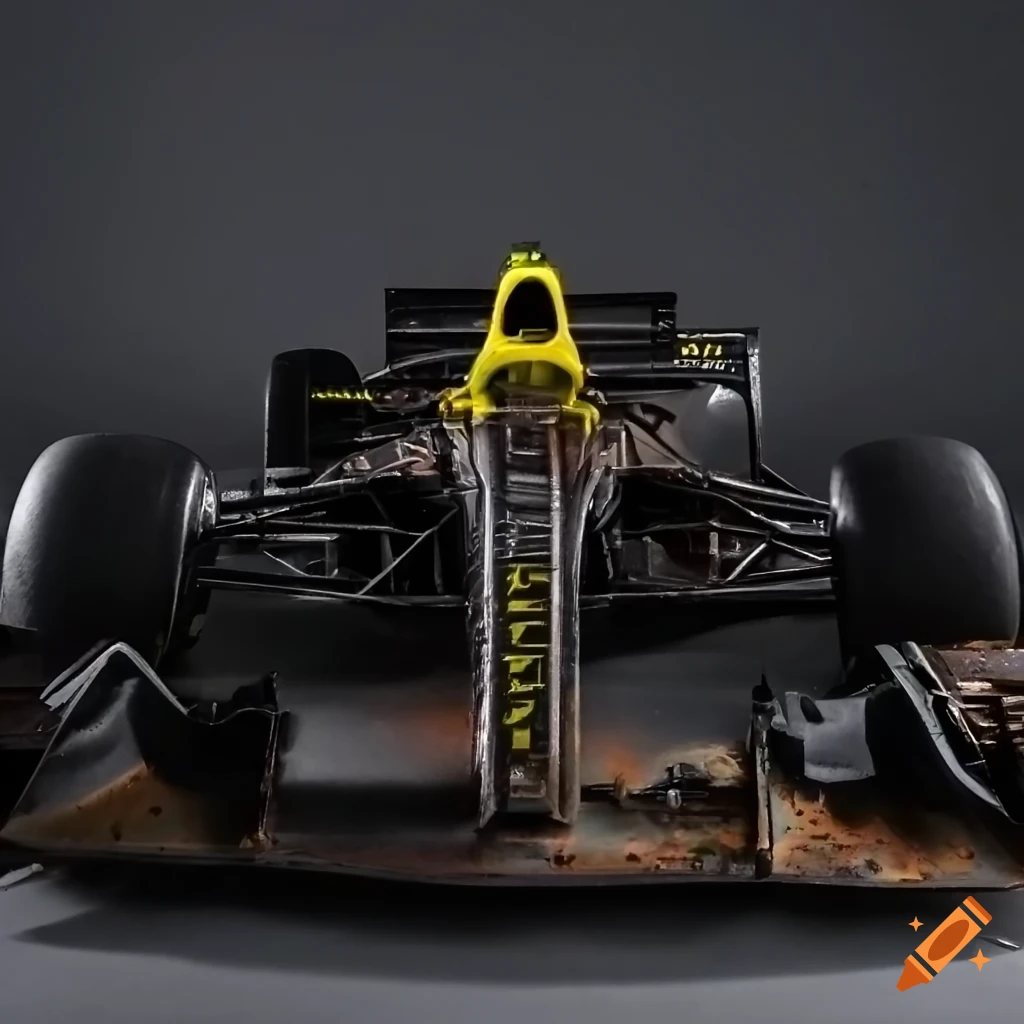 Yellow mold threads on rusted black f1 race car on Craiyon
