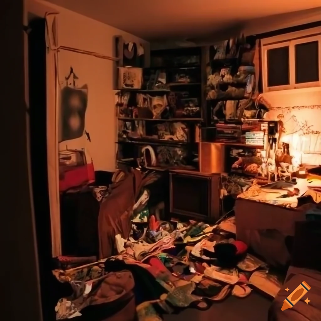 A dimly lit room full of unidentifiable clutter on Craiyon