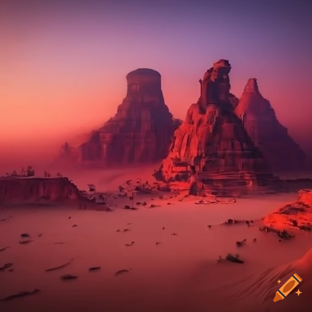 Foggy red desert valley ancient fantasy ruins temples domes palaces ...