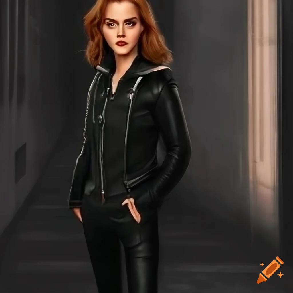 Photorealistic, emma watson, ginger hair, slim, punk style, zip front ...