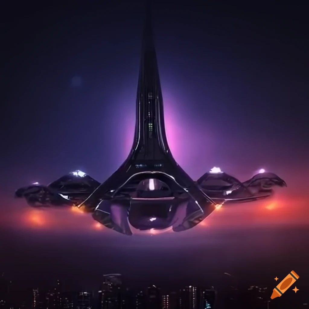 An epic sci-fi flying vehicle soaring through futuristic cityscape on ...