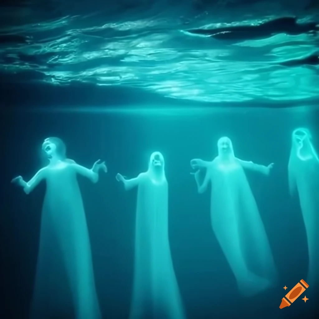 A surreal underwater scene with glowing ghostly figures having a pool party