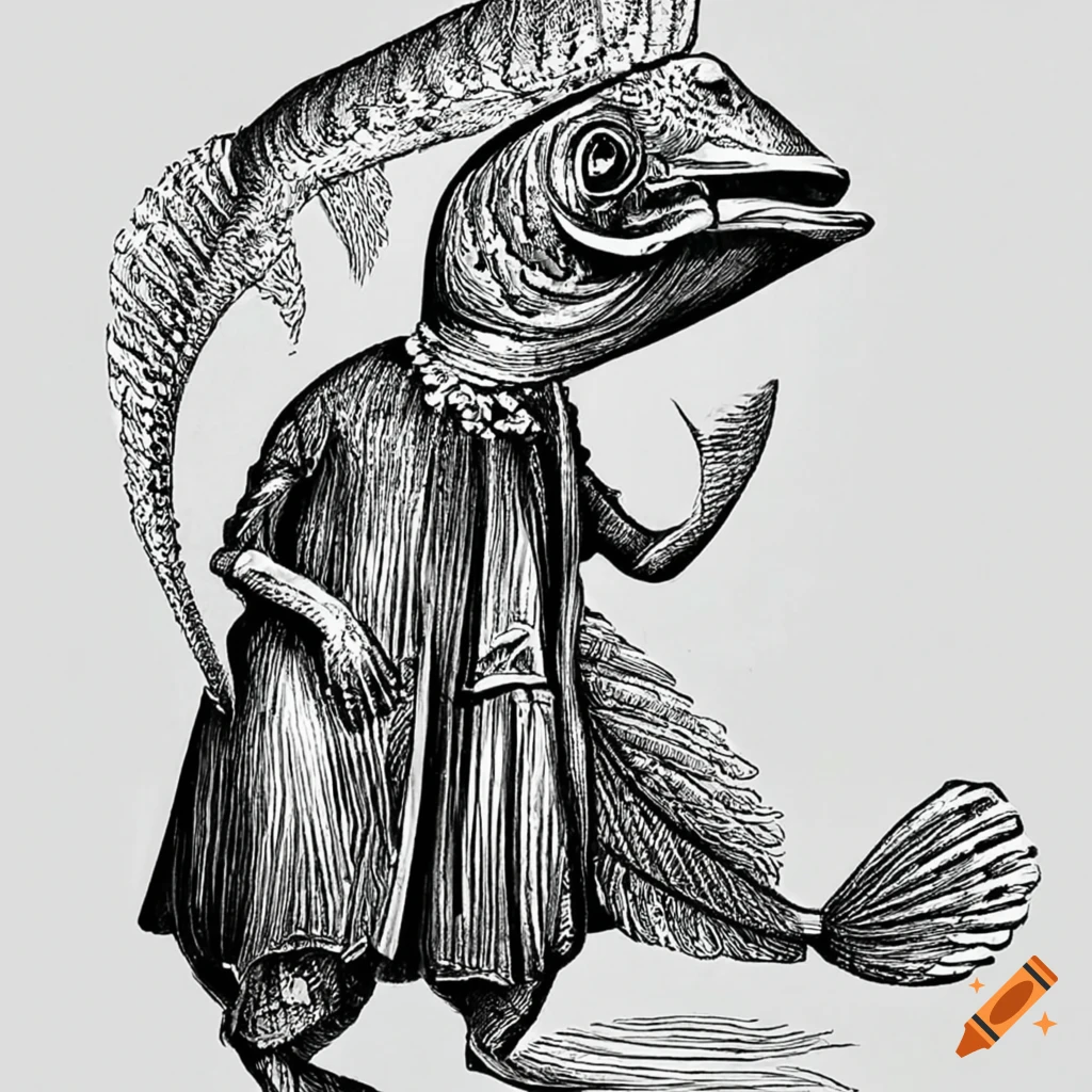 Tall anthropomorphic fish wearing man historical clothing on Craiyon
