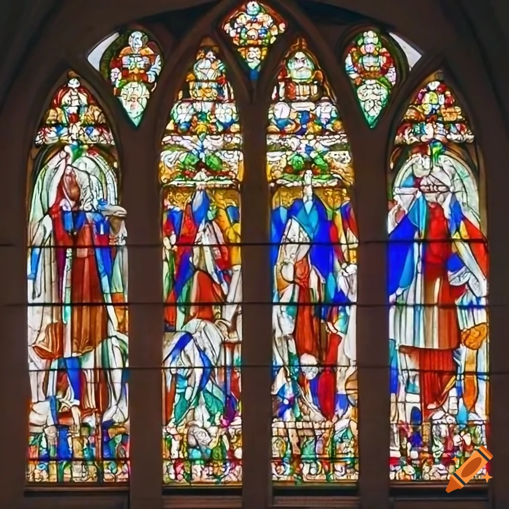 Four church stained glass windows, the first depicting spring, the ...