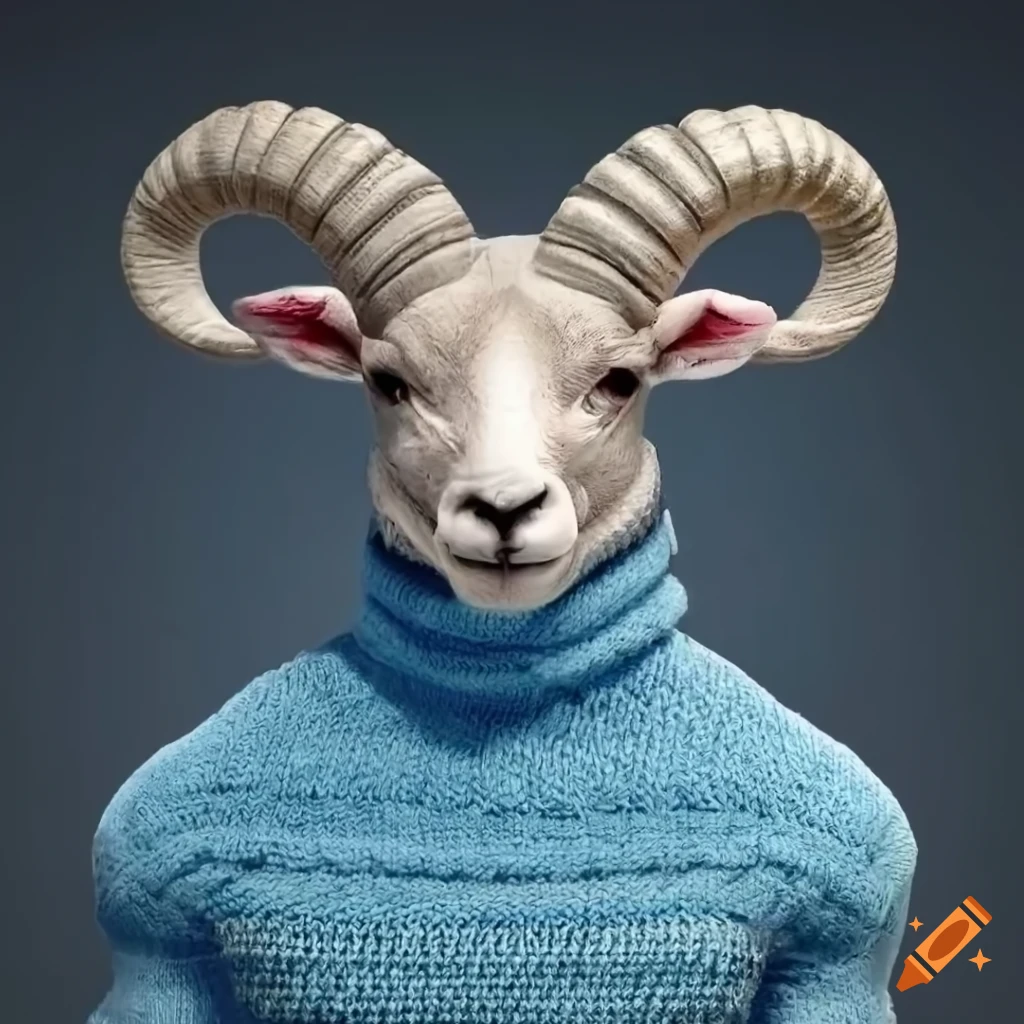 Photorealistic muscular anthropomorphic white ram with huge horns ...