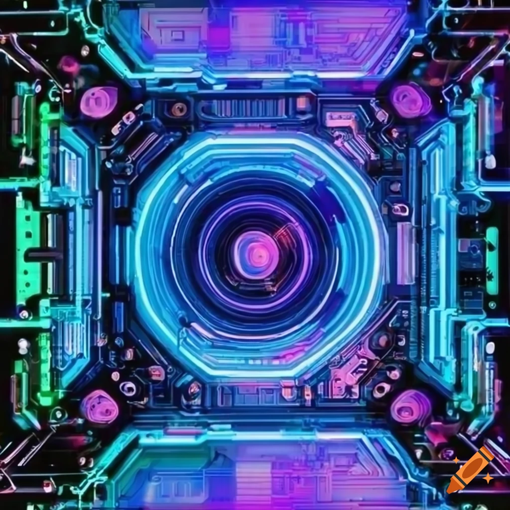 Neon futuristic sci-fi computer circuit board system up close