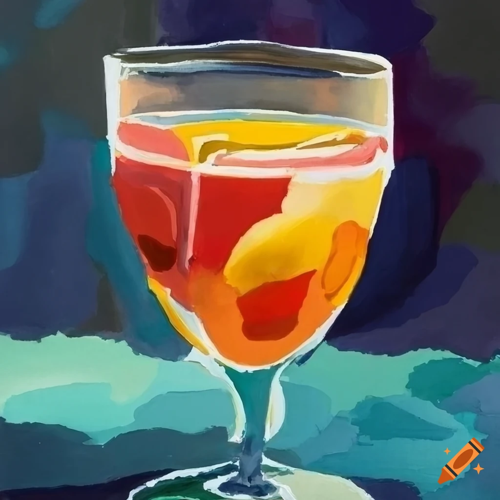Gouache painting of whiskey sour in checkered cocktail glass
