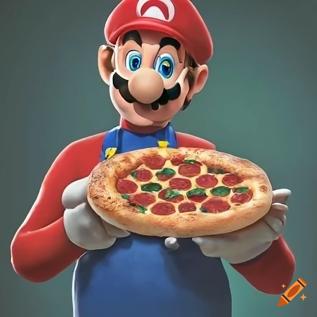 Italian super mario holding pizza, realistic, photography on Craiyon
