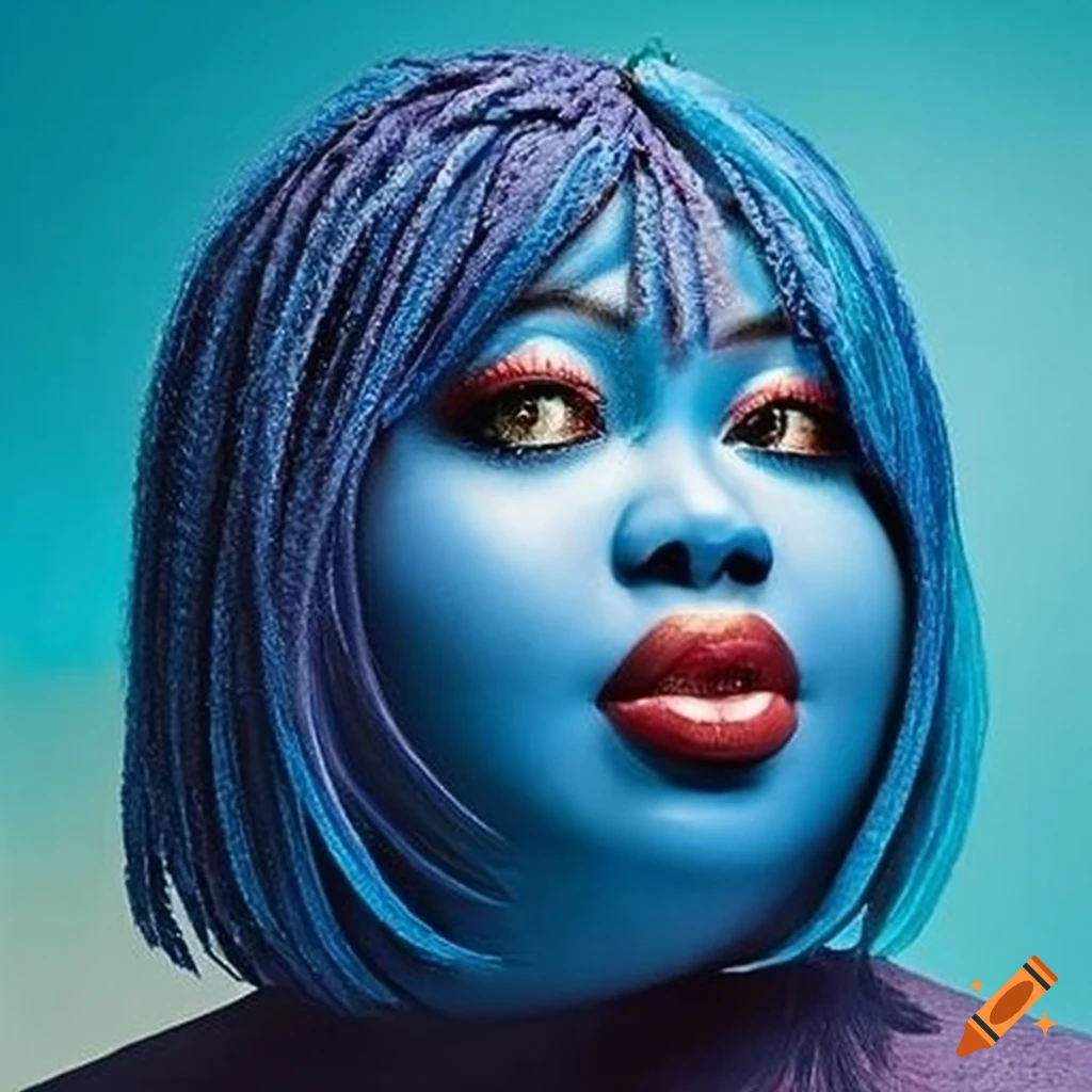 A fat, blue-skinned woman with blue hair, portraying a unique beauty on ...