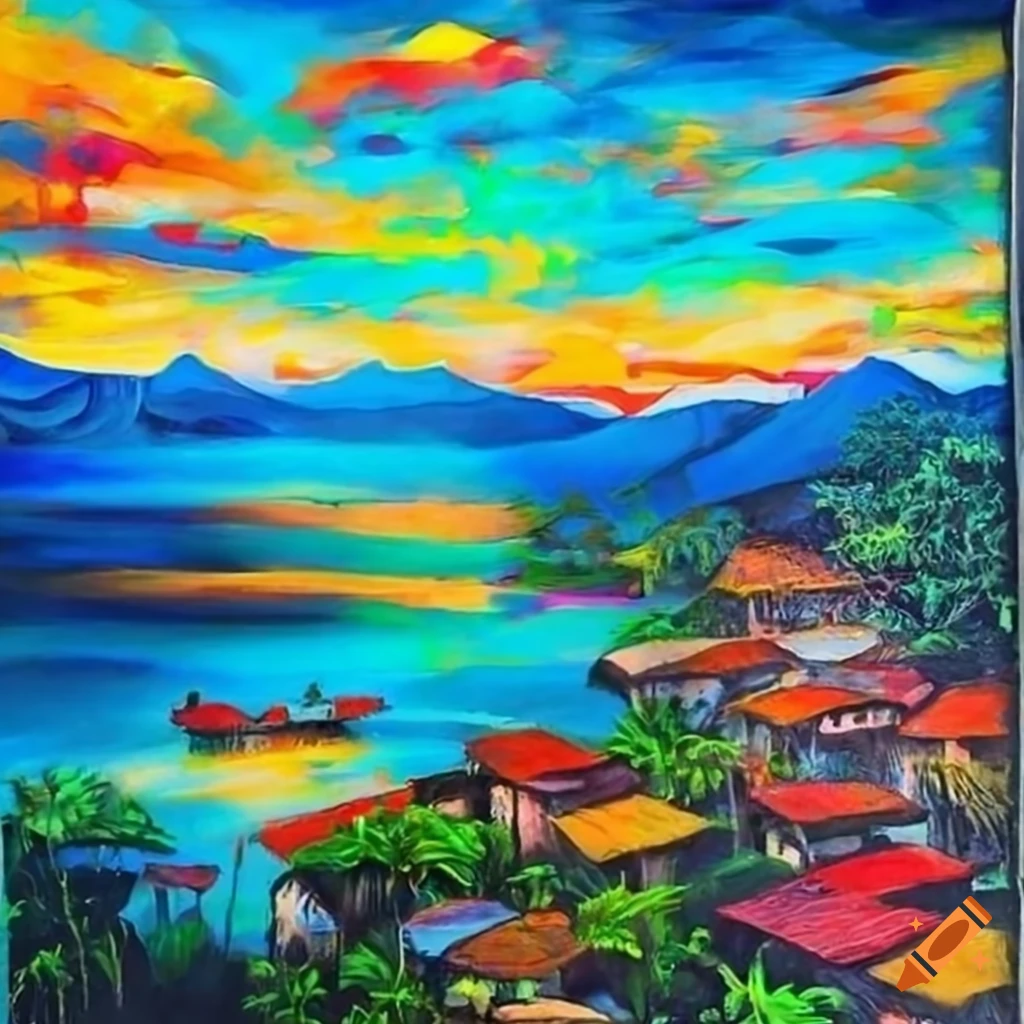 Vibrant primitivist artwork depicting nicaraguan village, lake, volcano ...