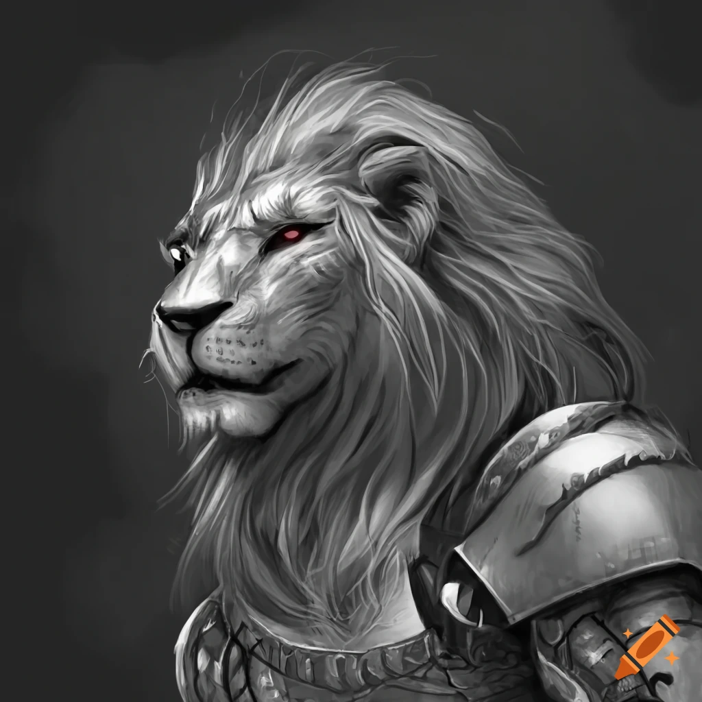 A leonin, a humanoid lion creature, in shining armour holding a sword ...