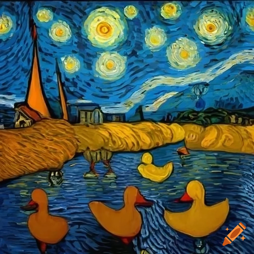 Van gogh’s starry night with yellow ducks dotted around