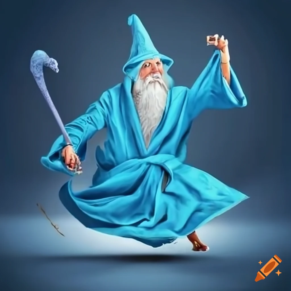 Wizard in blue robes surfing coming out of a computer monitor