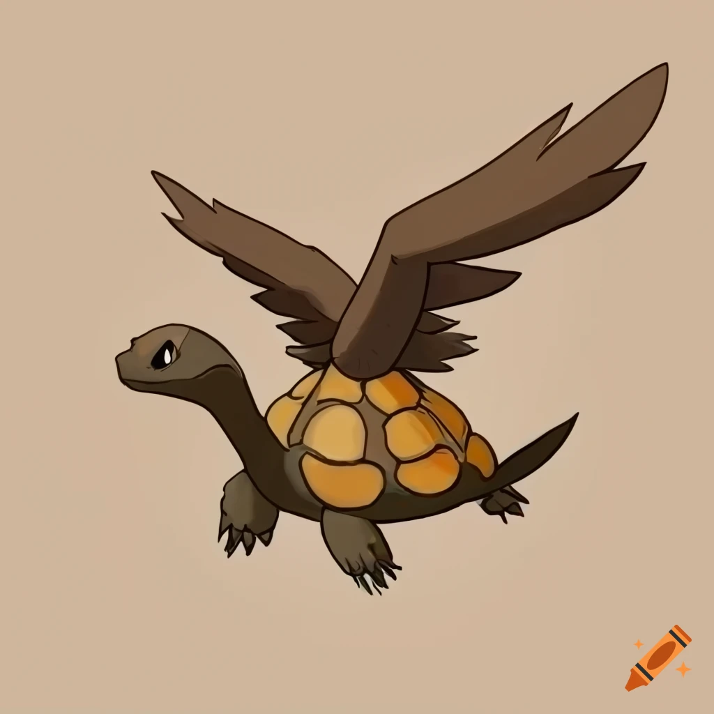 A majestic turtle pokemon with wings and desaturated, brown and rustic ...