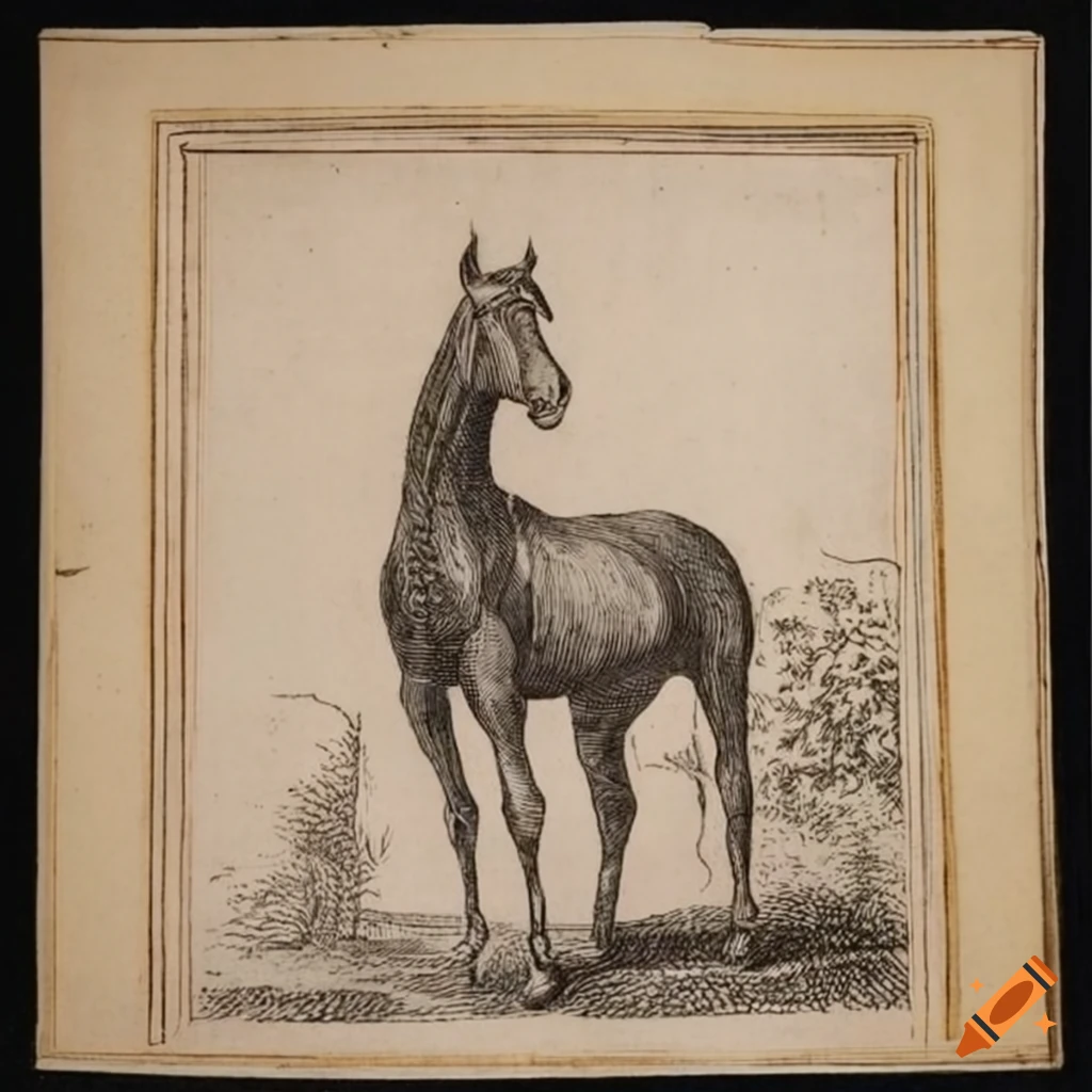 1800s etching of a horse wearing ivy leaves around its neck