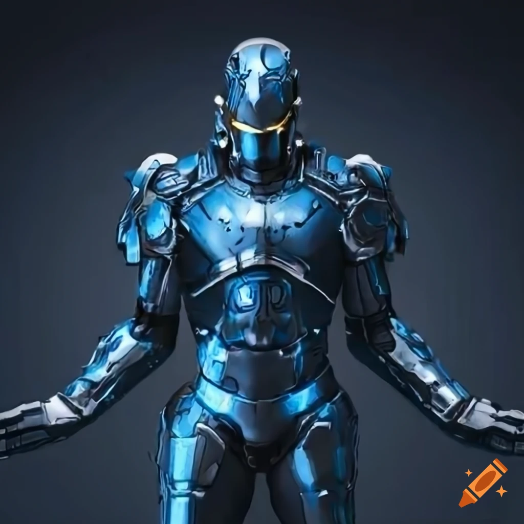 Man in a suit of futuristic metallic blue armor, with glowing hands on ...