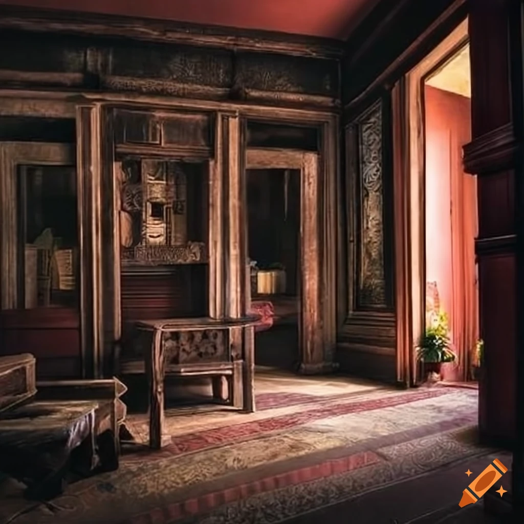 Dark tropical roman house interior on Craiyon