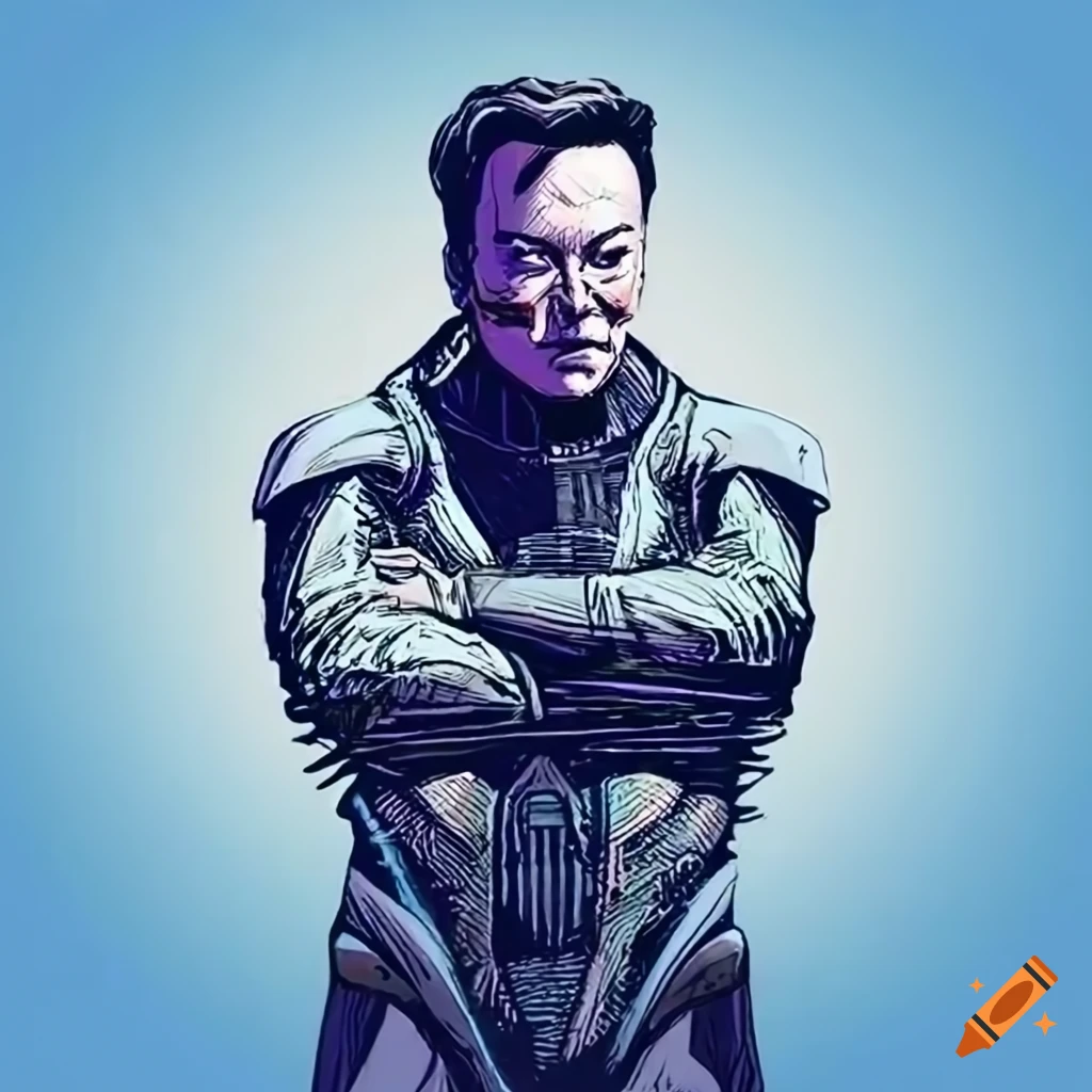 Elon musk as a high tech comic book villain, full body drawing with the ...