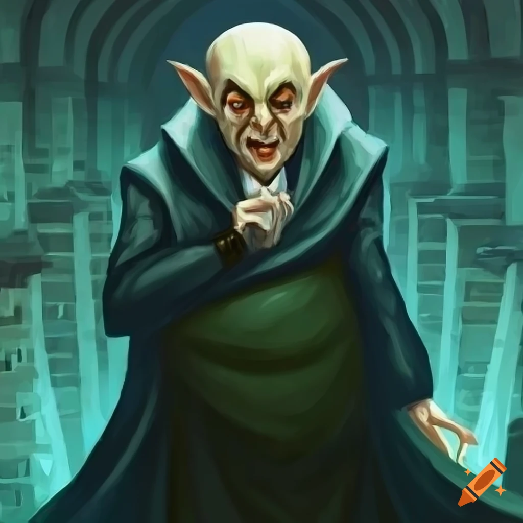 Fat bald male grey-skinned nosferatu wearing formal fantasy robes with ...