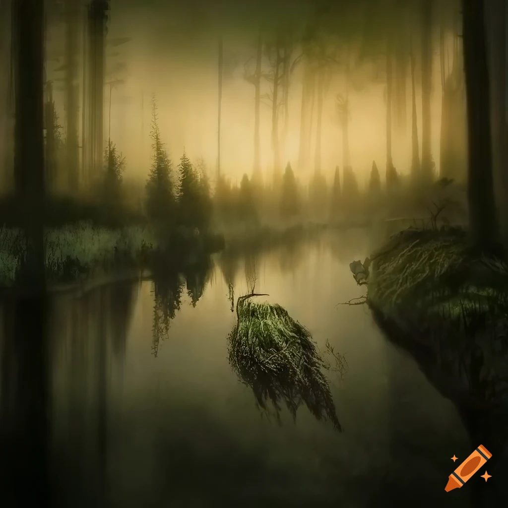 Deep mystic primeval valley, fir trees, estonia, fog, wide angle ...