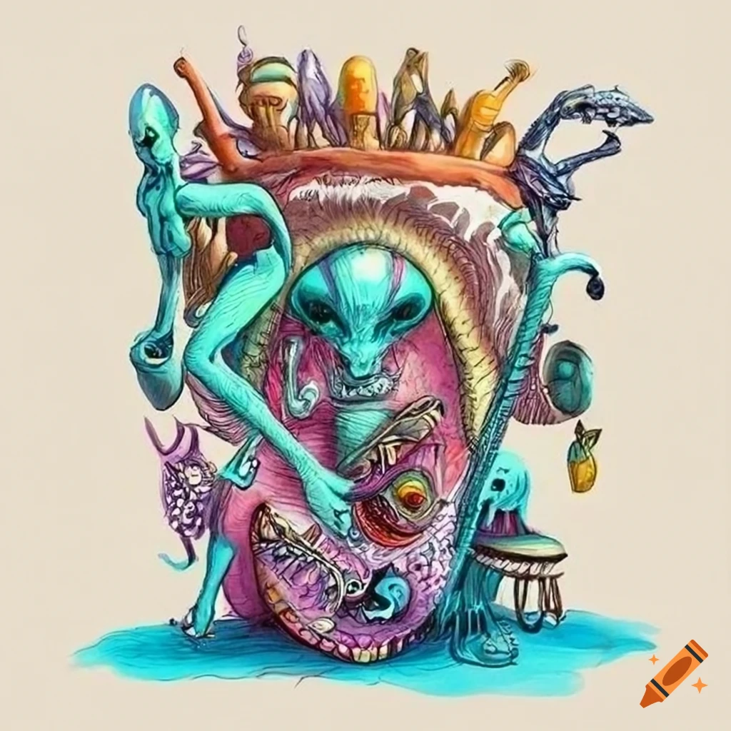 Joe fenton drawing scene decor microcosme many creatures surrealist ...