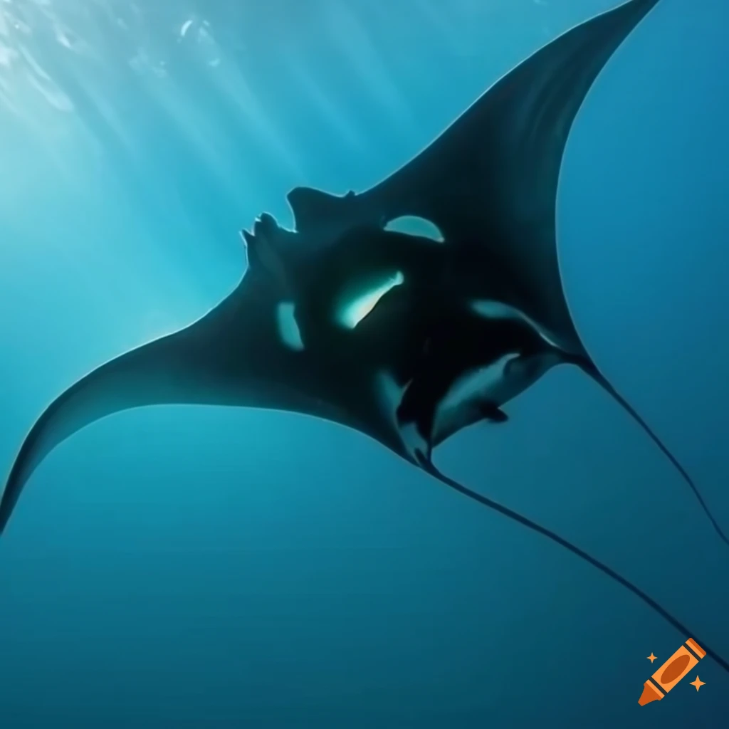 Manta ray from above, floating, underwater, sun rays on Craiyon