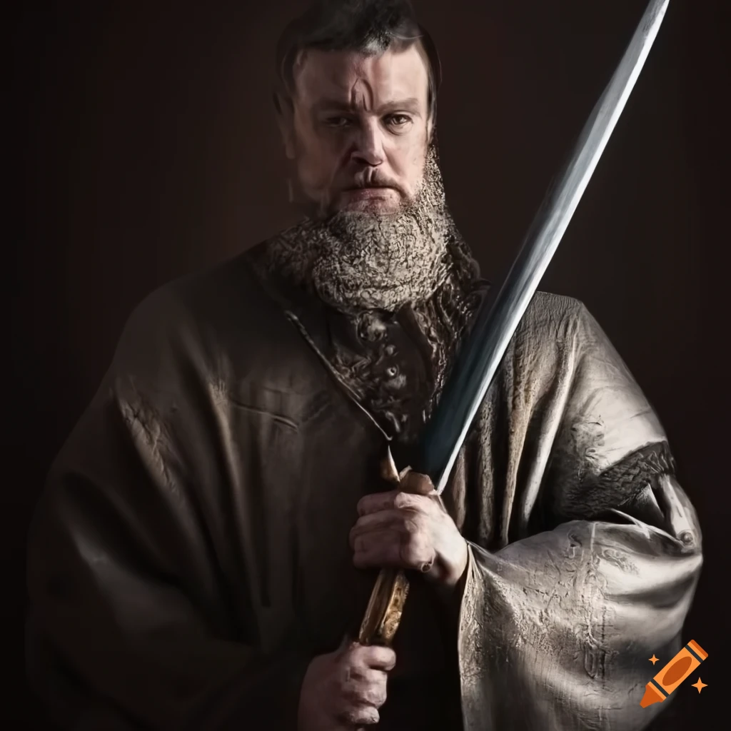 A medieval king holding a sword over his shoulder