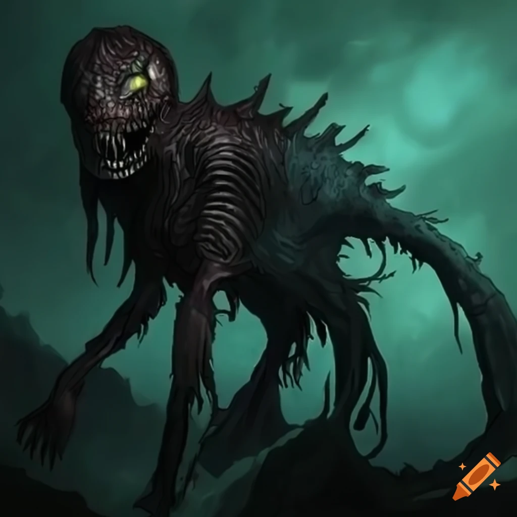 A terrifying eldritch creature emerging from the shadows on Craiyon