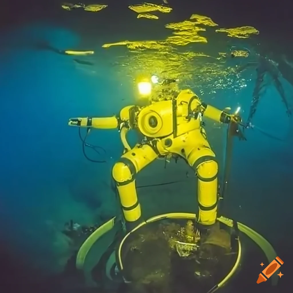 Mysterious deep sea diver in a bulky robotic glowing suit at the bottom ...