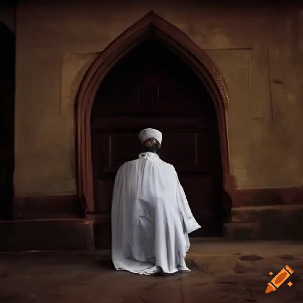 An ethiopian orthodox priest praying bowing down in front of a church