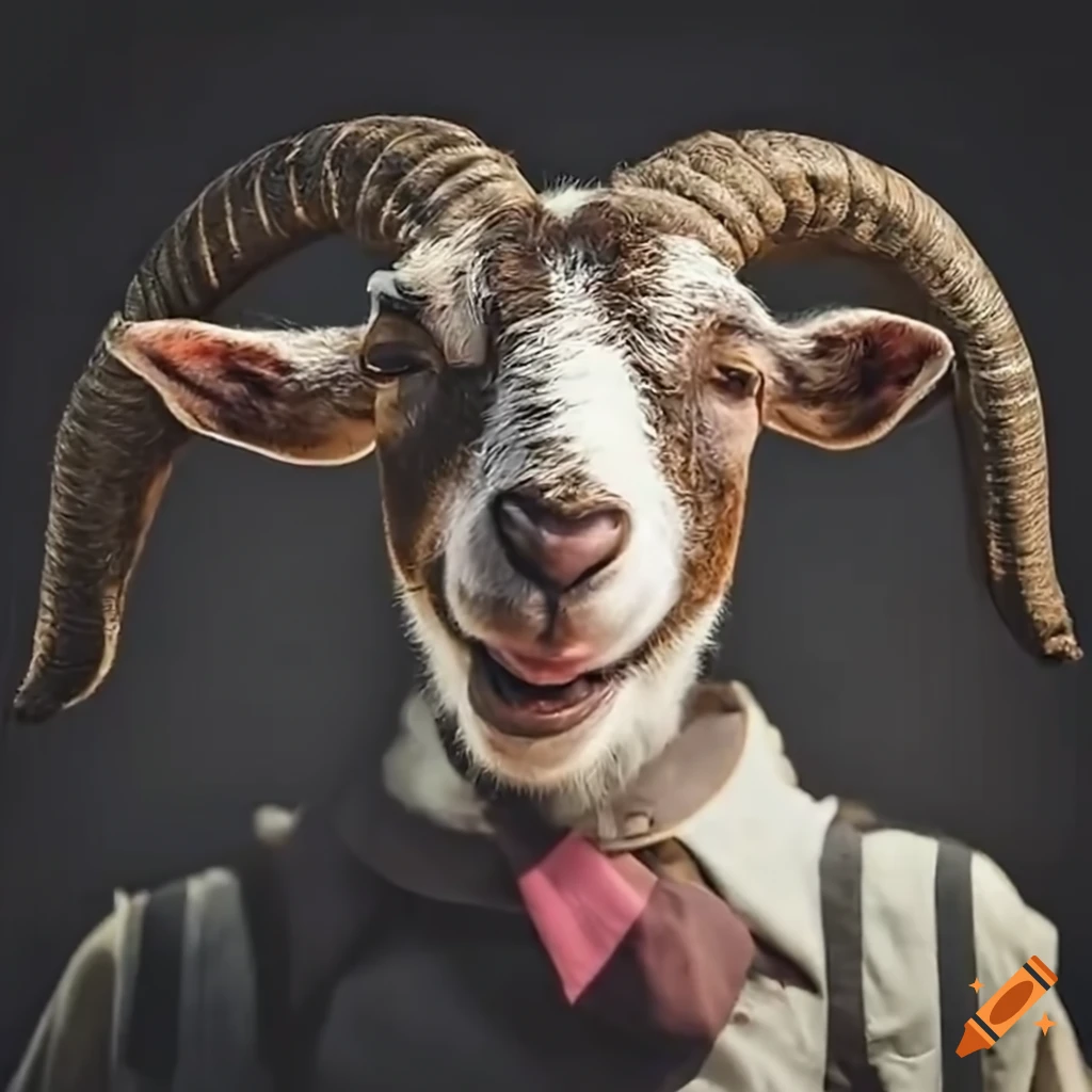 A goat dressed as an old journalist talking to a microphone