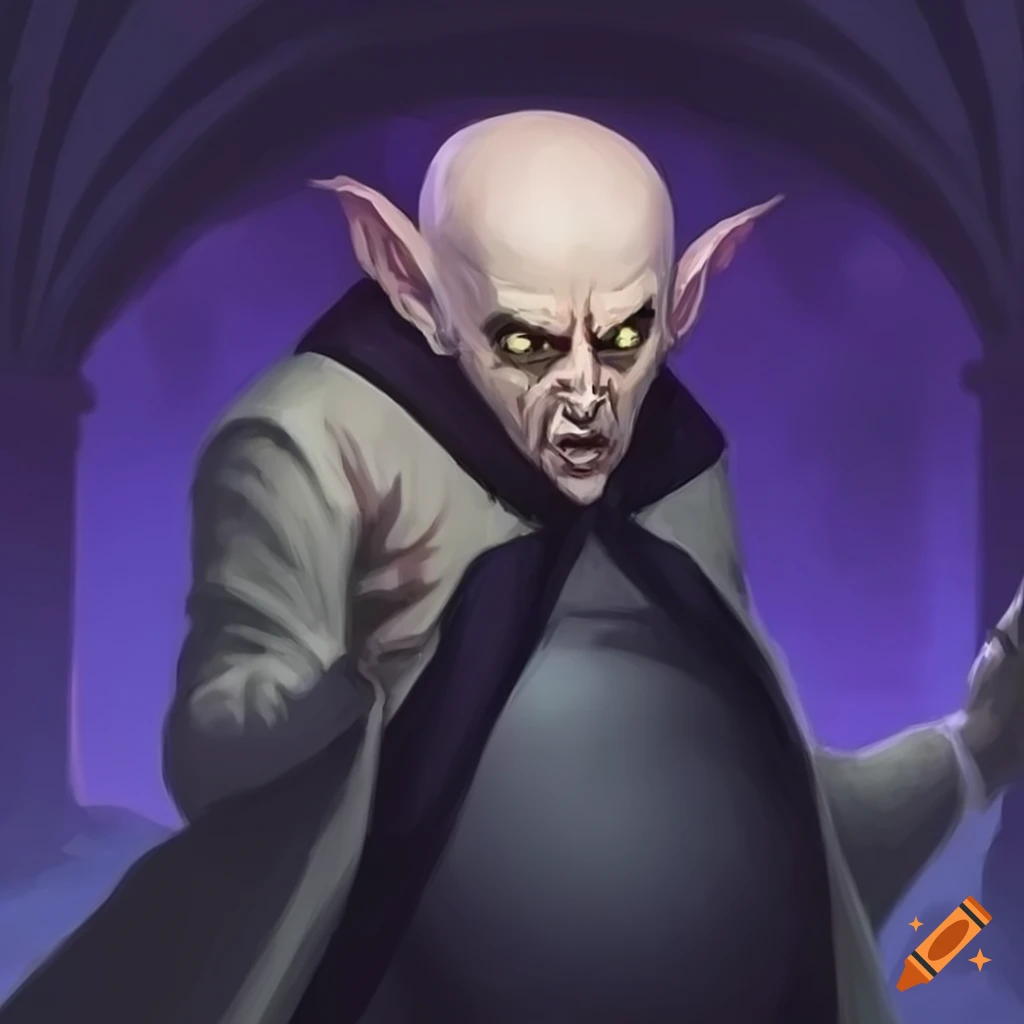 Fat bald male grey-skinned nosferatu wearing formal fantasy robes with ...