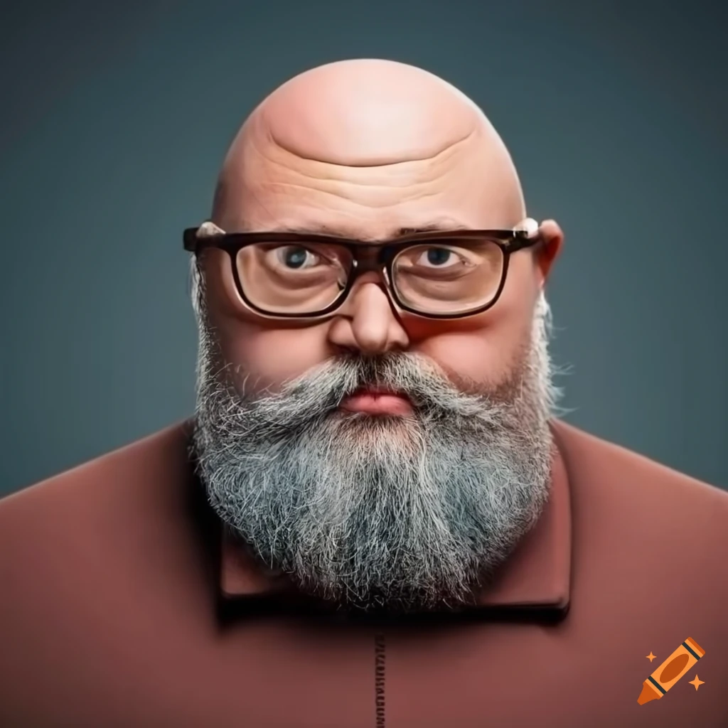 Chubby baldish man wearing rimless spectacles, with a bushy grey beard ...