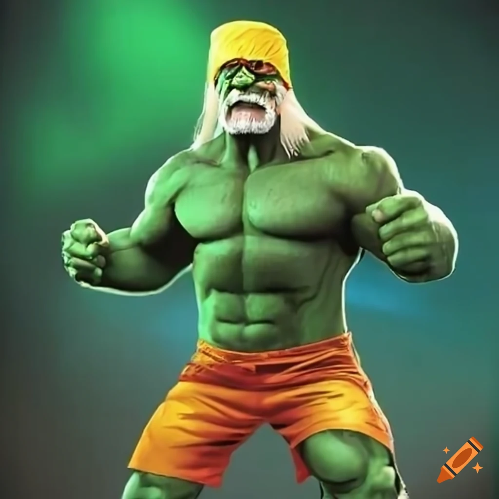 Hulk hogan, the incredible hulk, sword battle, green skin on Craiyon
