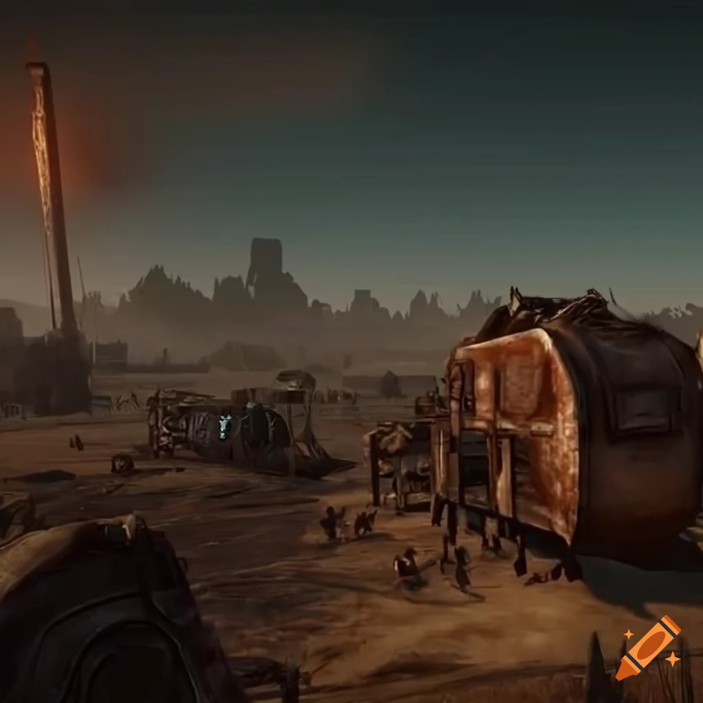 Fallout universe wasteland, trade caravan, in the distance, panorama on Craiyon