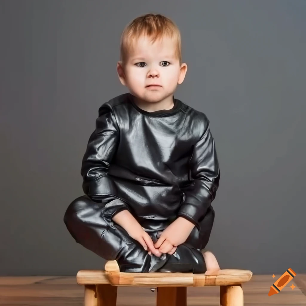 Toddler boy in black leather pyjamas sitting spread-legged on a wooden ...