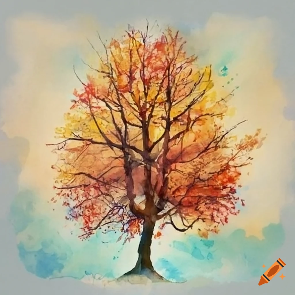 Watercolor depicts a tree in autumn
