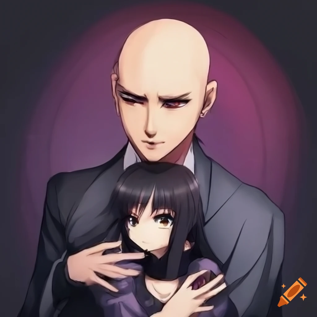 An anime couple, a dark haired woman and a bald man