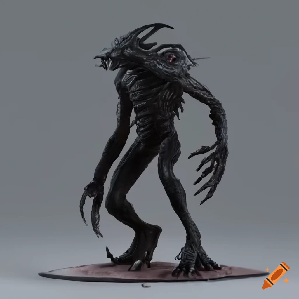 Black praetor creature from phyrexia, facing right, full body, top left ...