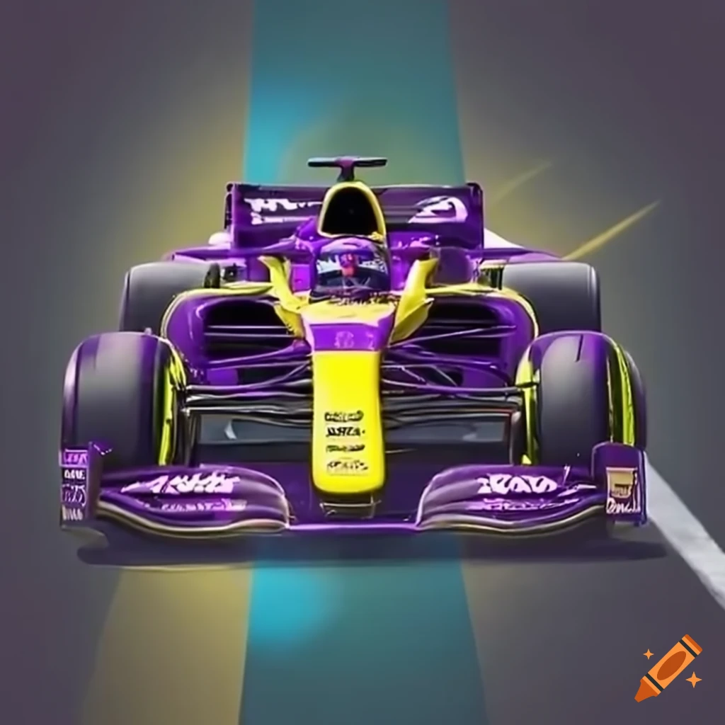 CARRO DE FORMULA 1 ROXO E AMARELO EM UMA CURVA NA PISTA DE SPA on Craiyon